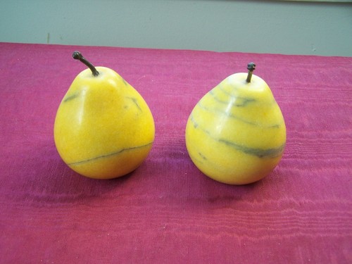 2 alabaster(?) marble stone pears, heavy, 1.4 pounds each, 3" tall, EUC ...