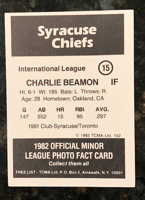 1982 TCMA Syracuse Chiefs #15 CHARLIE BEAMON Minor League Card | eBay