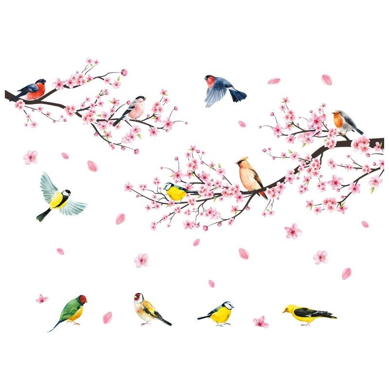 Large Cherry Blossom Branch Wall Stickers Pink Flower Bird Wall Decals ...