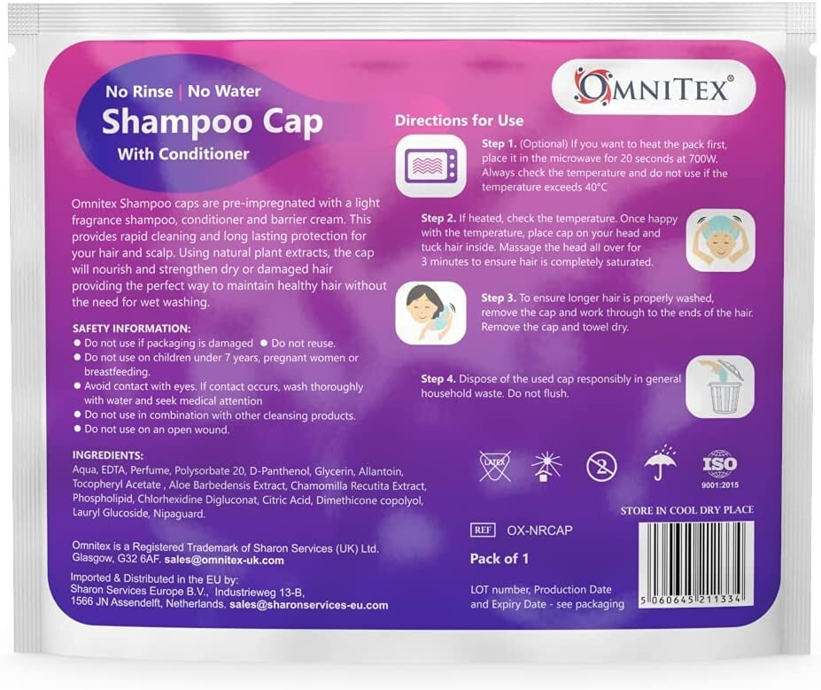 3pk -Omnitex Premium Rinse Free Shampoo Cap, Microwaveable, With ...