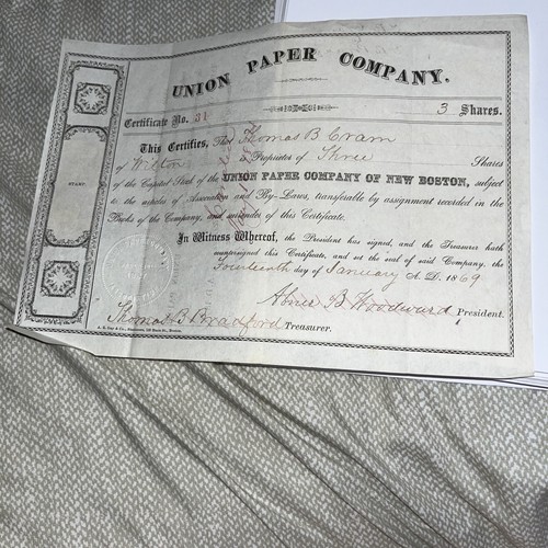 Post Civil War 1869 Union Paper Company of New Boston Signed Stock ...
