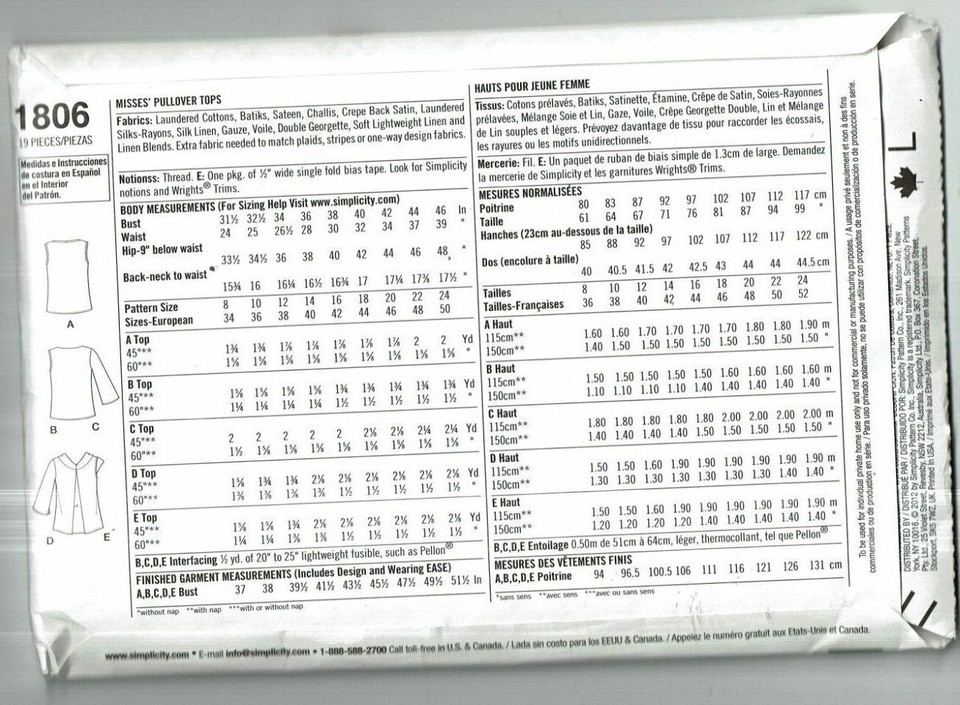 Simplicity #1806 Pullover Tops with variations Pattern Sz: 16-24 UC | eBay