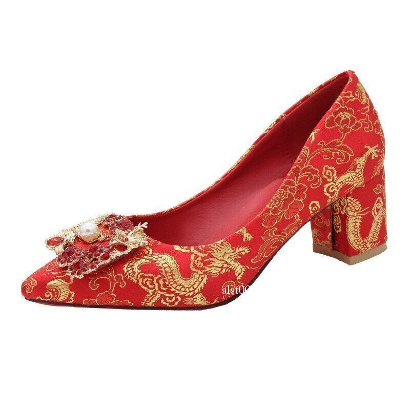 Chinese Style Women Wedding Shoes Low Thick Heel Pumps High Heels ...