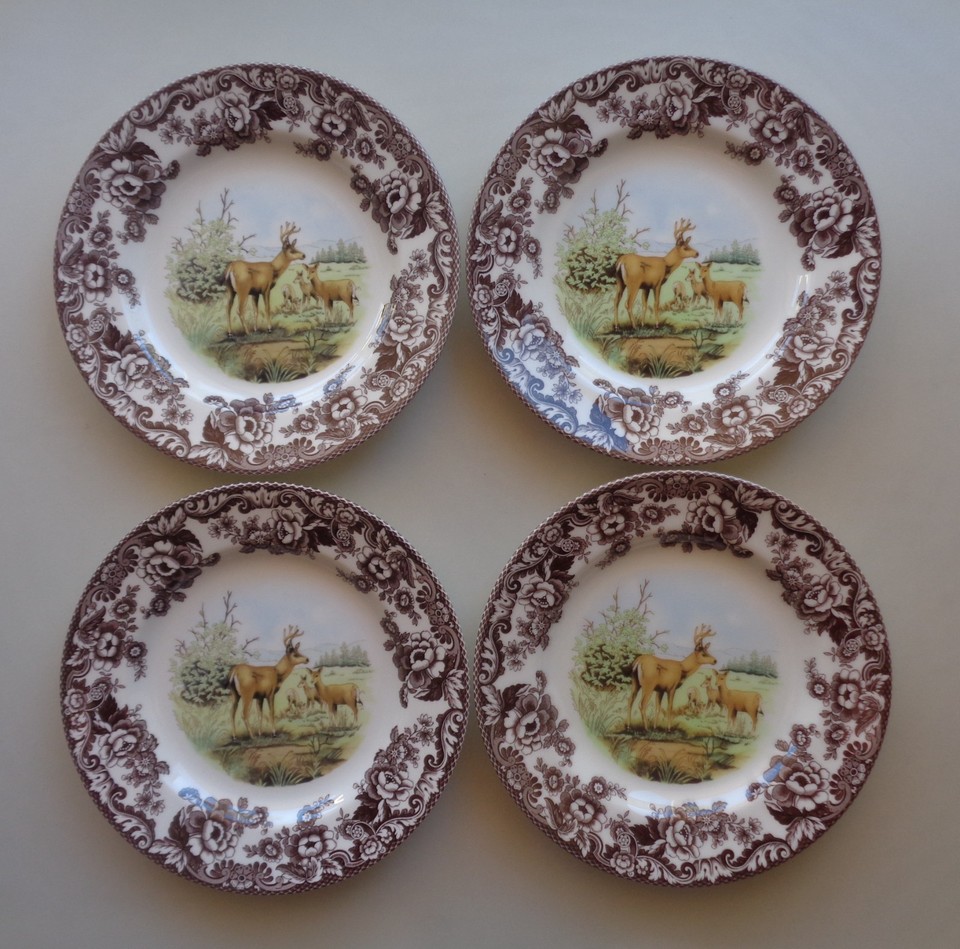 SET of 4 Spode Woodland Dinner Plates Mule Deer Thanksgiving Fall ...