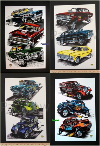 4 Four Drag Racing Prints Posters Artwork Chevy Nova Willys Henry J 11 ...