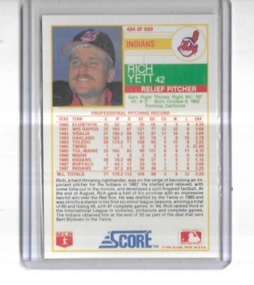 1988 Score Baseball #484 Rich Yett Cleveland Indians | eBay