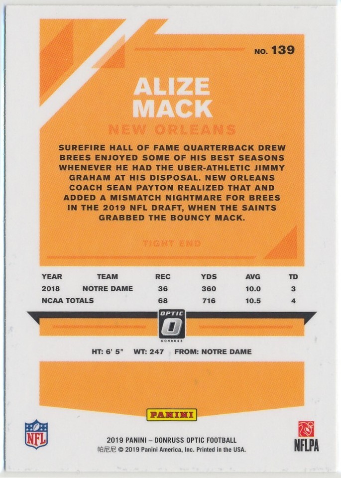 Alize Mack - New Orleans Saints - 2019 Donruss Optic - Rookie - #139 | eBay