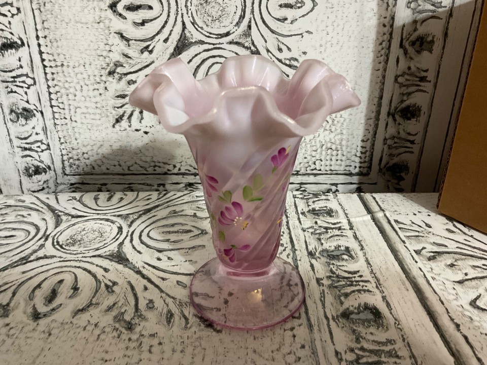 FENTON Swirl Embossed Lavender VASE HAND PAINTED! Signed K. Riley | eBay