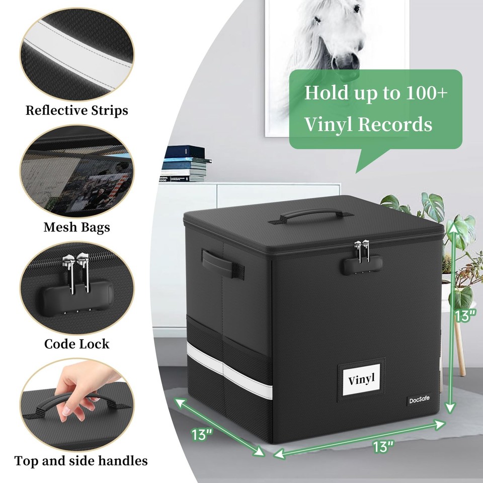 Vinyl Record Storage Box with Lock,Fireproof＆Water Resistant Record ...