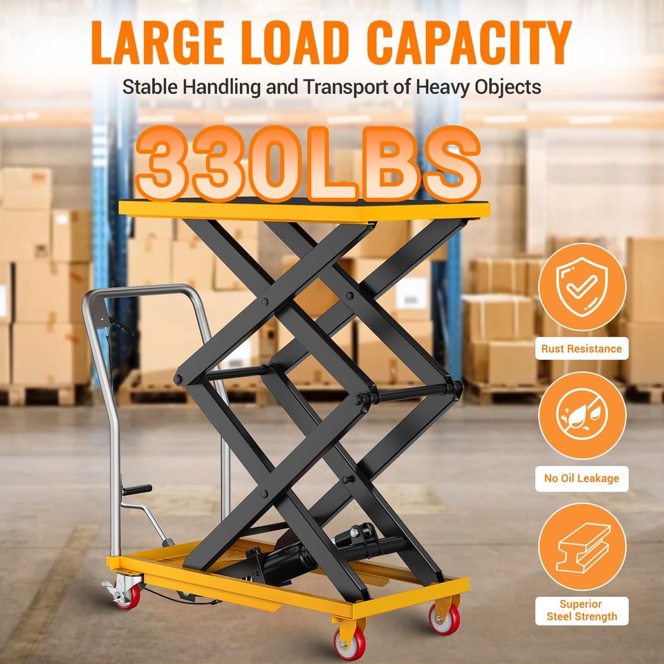 330lbs Double Scissor Hydraulic Lift Table 50" Height Cart Wheels & Non ...