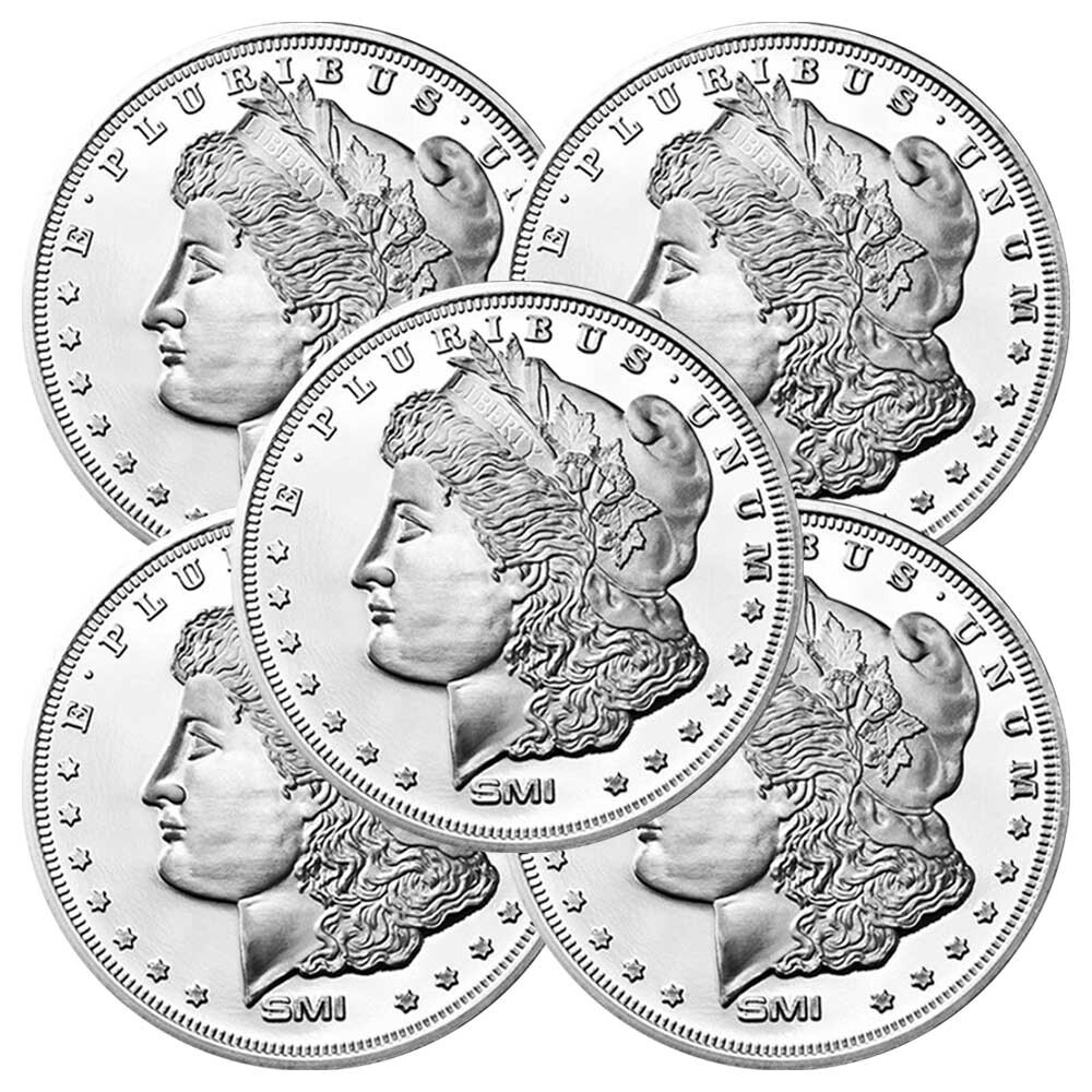 Lot of 5 - 1 Troy oz Sunshine Mint Morgan Design .999 Fine Silver Round ...