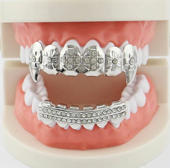 Custom Fit Silver Mouth Teeth Grillz Set Cross Lab Diamond Fangs + Mold ...