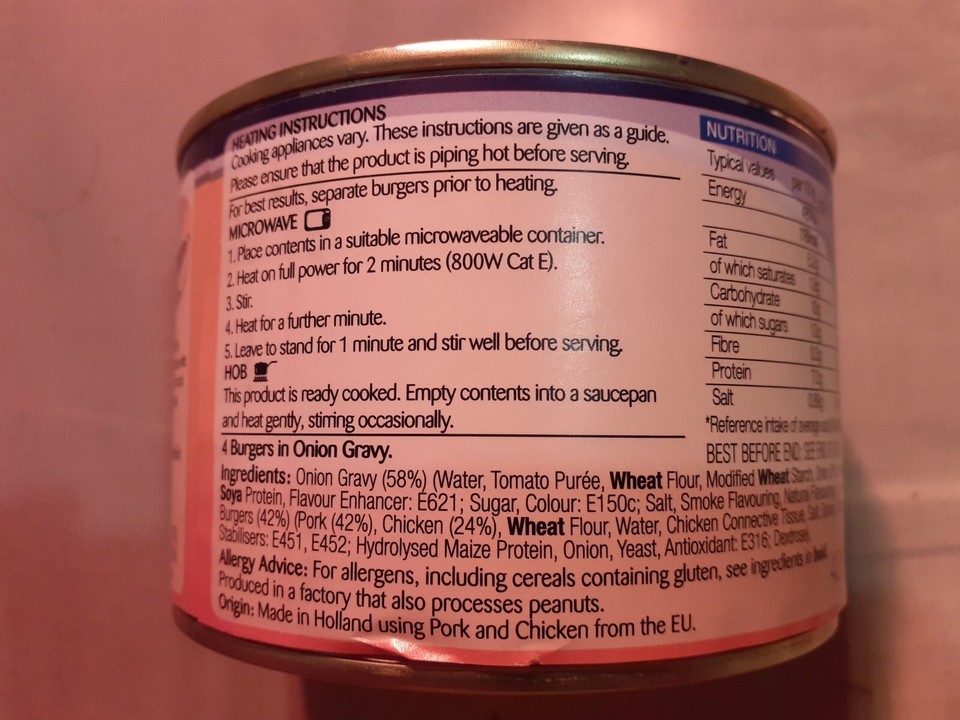3x tins of Westlers 12 Burgers in onion and gravy.425g x 3=1275g. 3P&P ...