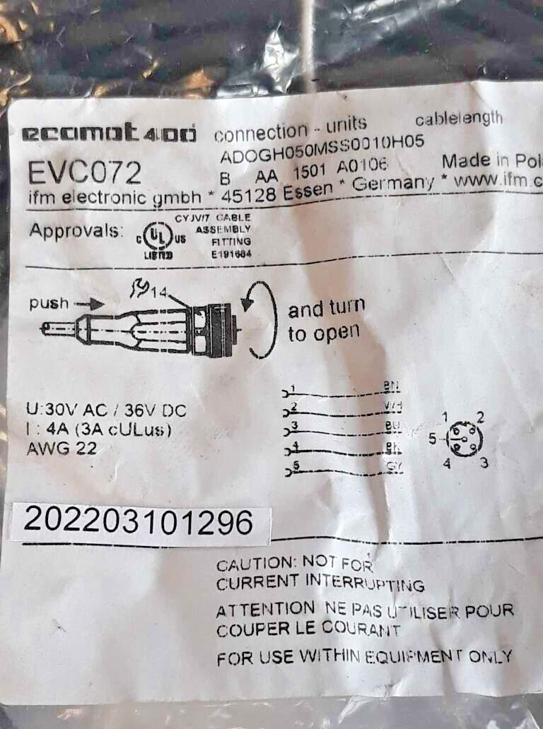 IFM ELECTRONIC EVC072 30V AC 36V DC 4A CABLE 10M | eBay.de
