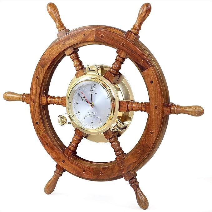 Nautical Solid Wood Captain' Vintage Decor Ship Wheel with Time Clock ...