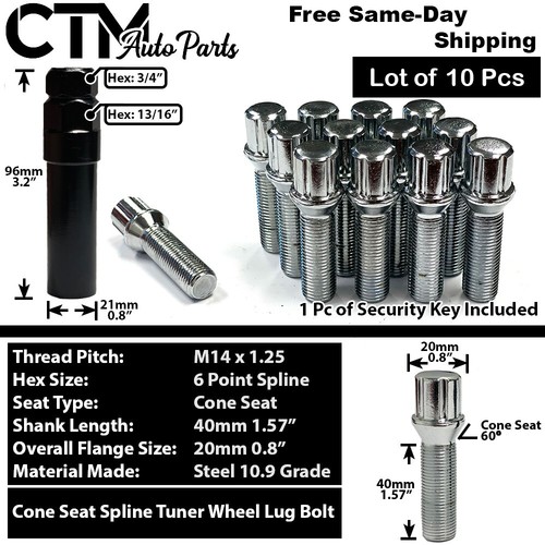 10 BMW Chrome 14x1.25 Extended Spline Lug Bolt 40mm Shank For 10-15mm ...