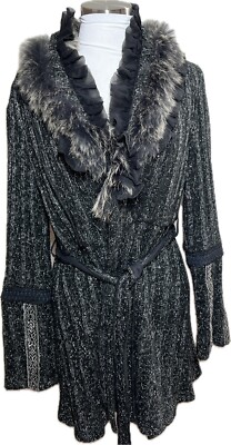Dolce Cabo XL Cardigan Jacket Wrap Sweater Long Fur Collar Belted Black ...