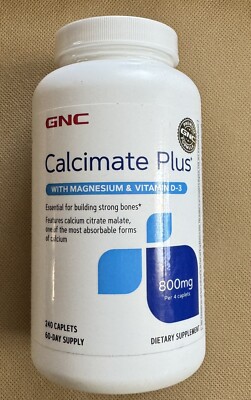 GNC Calcimate Plus Magnesium & Vitamin D-3 800mg, 240 Caplets Best by 4 ...