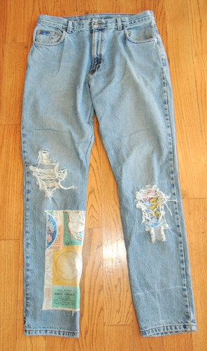 VTG CALVIN KLEIN PATCHWORK HANDSEWN ACID WASHED DENIM JEANS WORLD MAP ...