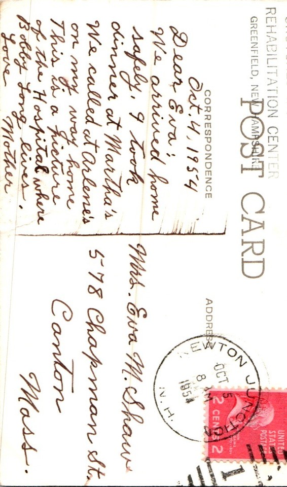 Greenfield NH Rehab Center Postcard 1954 Candon MA Polio Patient | eBay