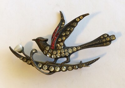 Antique Victorian Sterling Full Figure Bird Pin With Rhinestones, Red ...