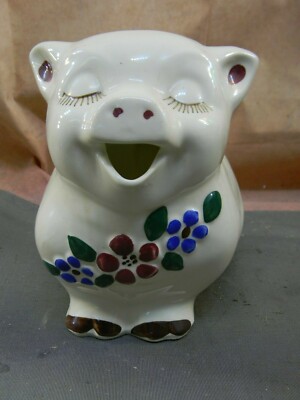 Smiley Pig Pitcher Shawnee mid century red flower blue green leaves | eBay