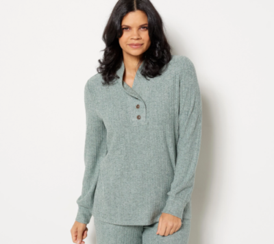 AnyBody Brushed Sweater Rib Button Up Top-Green-Large-NEW-A462185 | eBay