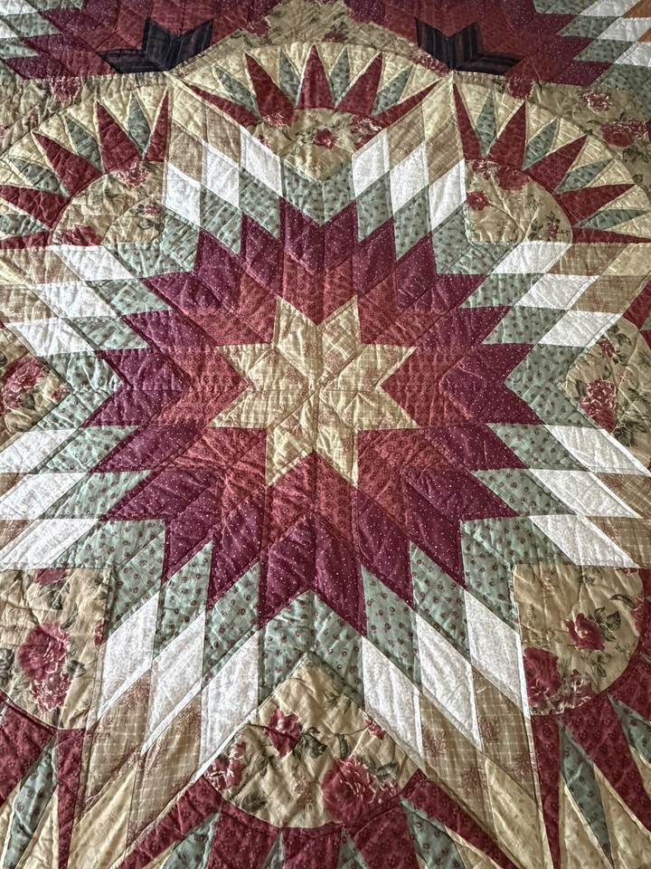 Beautiful Amish Quilt Compass Star – Burgundy & Sage Green 92”x92 ...