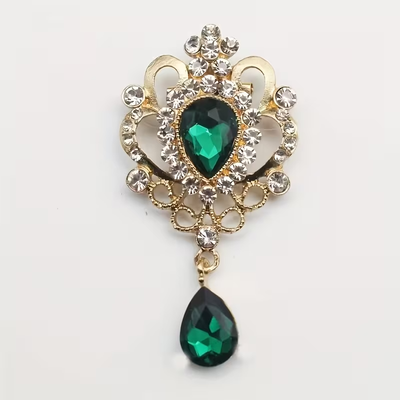 BROOCH Gold Drop Emerald Green Rhinestone Vintage Style Bride Mum Groom ...