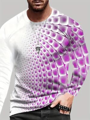 3D Geometric Print Long Sleeve Sports Shirt Casual Round Neck Gray Men ...