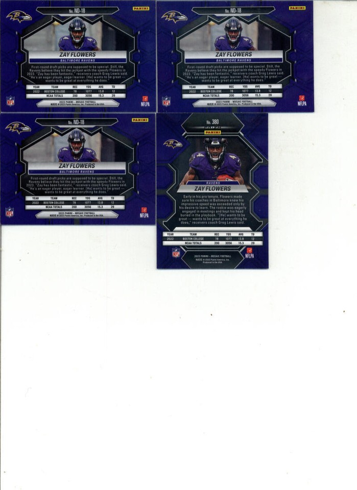 2023 PANINI 4 FOOTBALL CARDS ZAY FLOWERS RC ROOKIE BALTIMORE RAVENS NFL ...