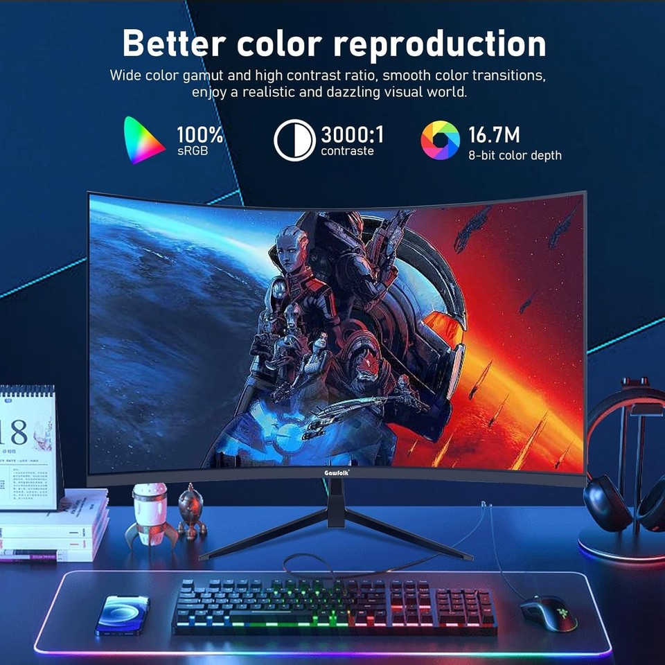 Gawfolk 32 inch Curved QHD (2560 * 1440) 2K Gaming Monitor 165Hz ...