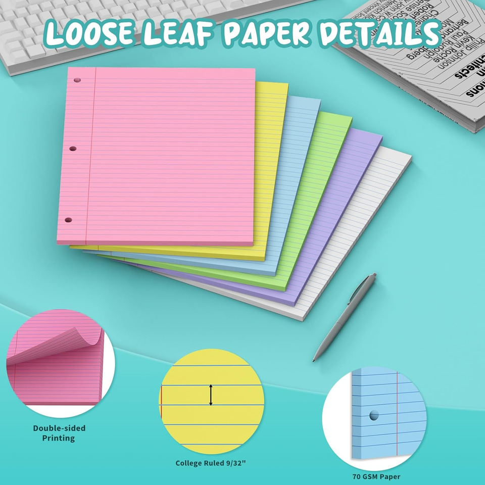 120 Sheets Loose Leaf Paper 8 X 10.5, 6 Colors Lined Paper College ...