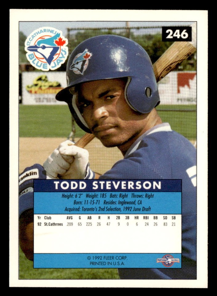 Todd Steverson 1992 Fleer Excel Card #246 St. Catharines Blue Jays | eBay