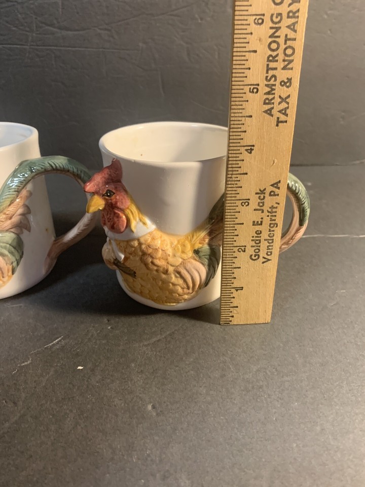 Set of 2 Rooster Hen Chicken Ceramic Coffee Cups 3 5/8" 3D great color ...