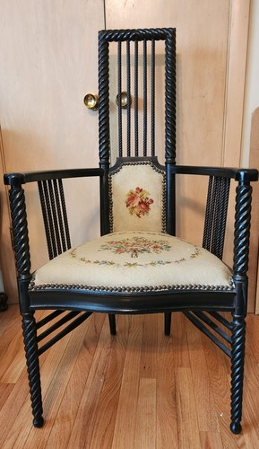 Amazing Rare Antique Wooden Arm Chair Spindles, Needlepoint, Studs ...