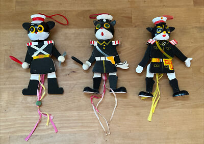 Set of 3 Vintage Cat Soldiers Policeman Wooden Pull String Puppet ...