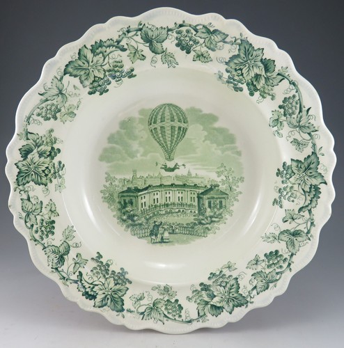 Antique Pottery Pearlware Green Transfer Balloon Commemorative Soup ...