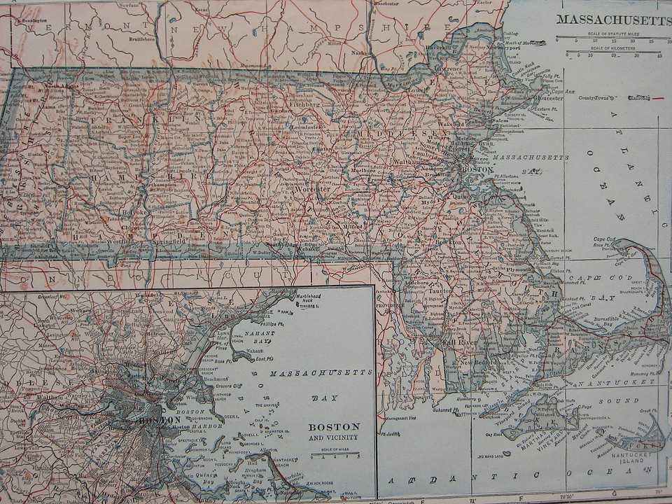 1926 MAP ~ MASSACHUSETTS BOSTON CITY & VICINITY WORCESTER HAMPDEN LENOX ...