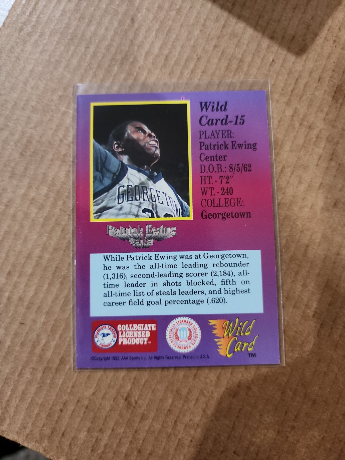 1992 Wild Card First Edition Patrick Ewing Card #15 Georgetown Hoyas ...