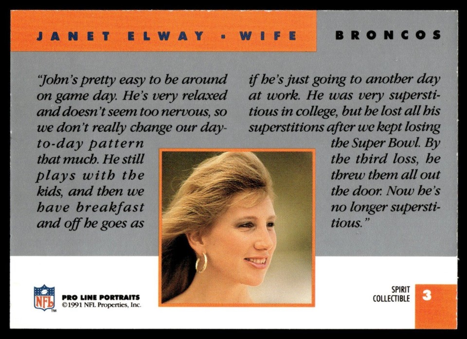 1991 Pro Line Portraits Wives #3 Janet Elway Denver Broncos | eBay