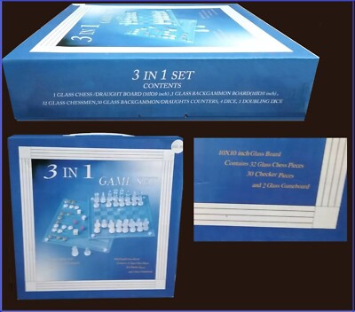 3 In 1 Glass Chess Game Set and Glass Backgammon Draughts New | eBay