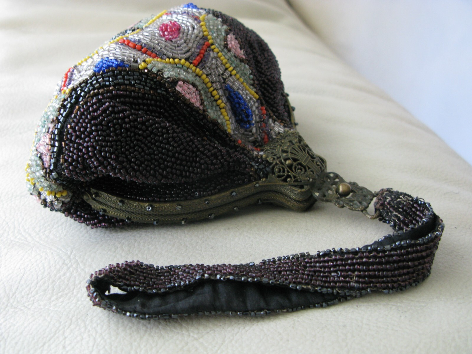 Antique Victorian Gold Filigree Frame Purple & Multi Colored Bead Puffy ...