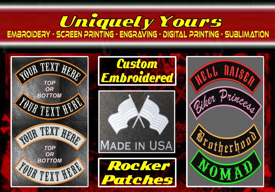 CUSTOM EMBROIDERED MC ROCKER PATCH 13" TOP OR BOTTOM MOTORCYCLE BIKER ...
