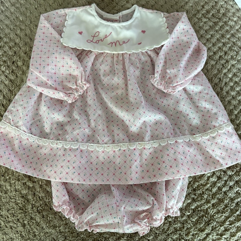 VTG Alexis Baby Girl Outfit Pink Lace Dress Bloomers Sz 6M Flowers ...