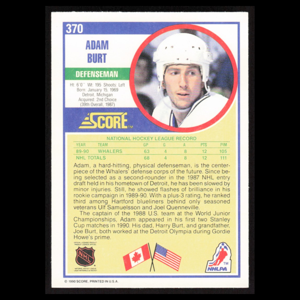 Adam Burt Rookie #370 1990 Score Hartford Whalers Hockey Card NHL NM | eBay