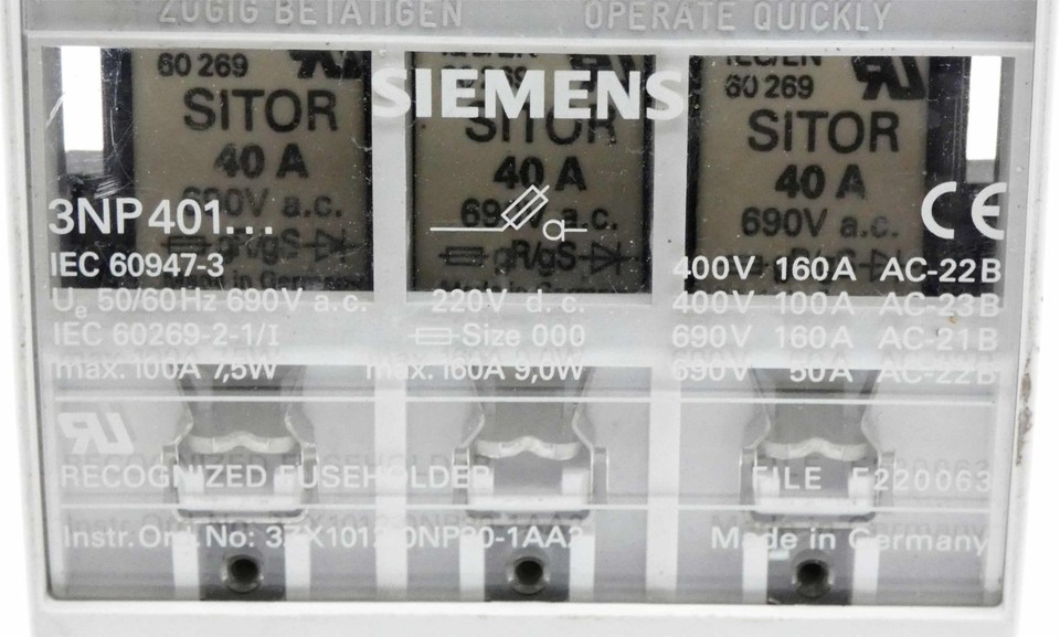 Siemens 3NP401 Sicherungslasttrennschalter / Fuse switch disconnector ...