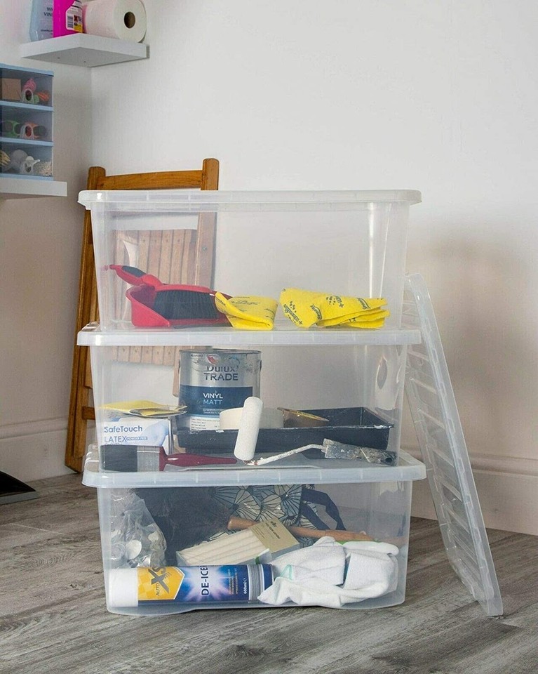 80 Litres CLEAR PLASTIC Large Storage Box With Lids Strong Storage ...