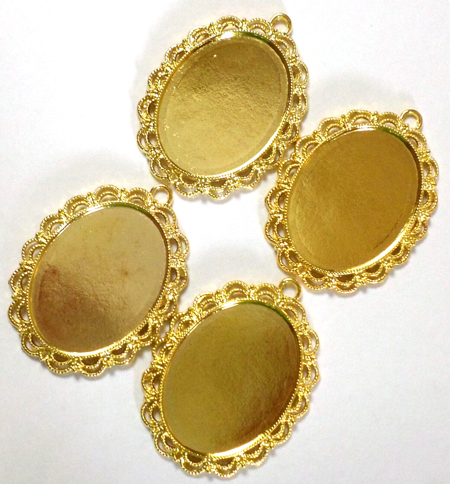 4 of 40x30mm Shiny Gold Victorian with Lacey Oval Edge Ribbon Pendant ...