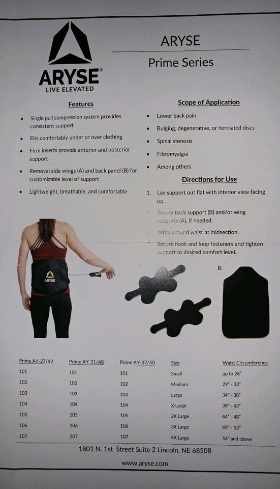 ARYSE AY-37/50-103 Live Elevated Back Brace Compressive Prime Series ...